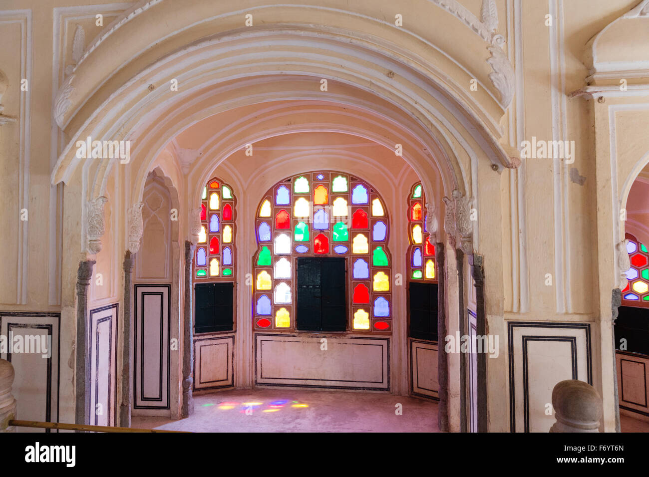 Colored windows inside the Hawa Mahal, or Palace of Winds Stock Photo ...