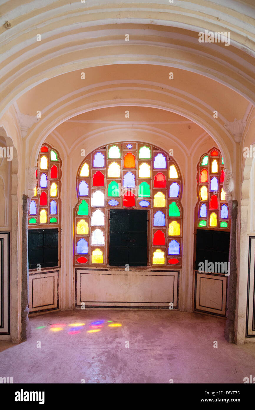 Colored windows inside the Hawa Mahal, or Palace of Winds Stock Photo ...