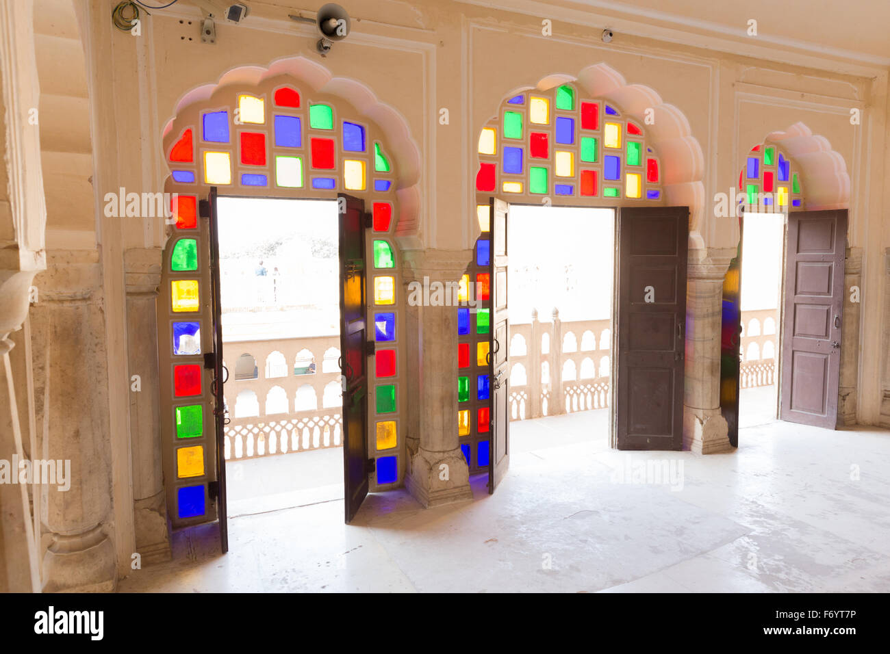 Colored windows inside the Hawa Mahal, or Palace of Winds Stock Photo ...