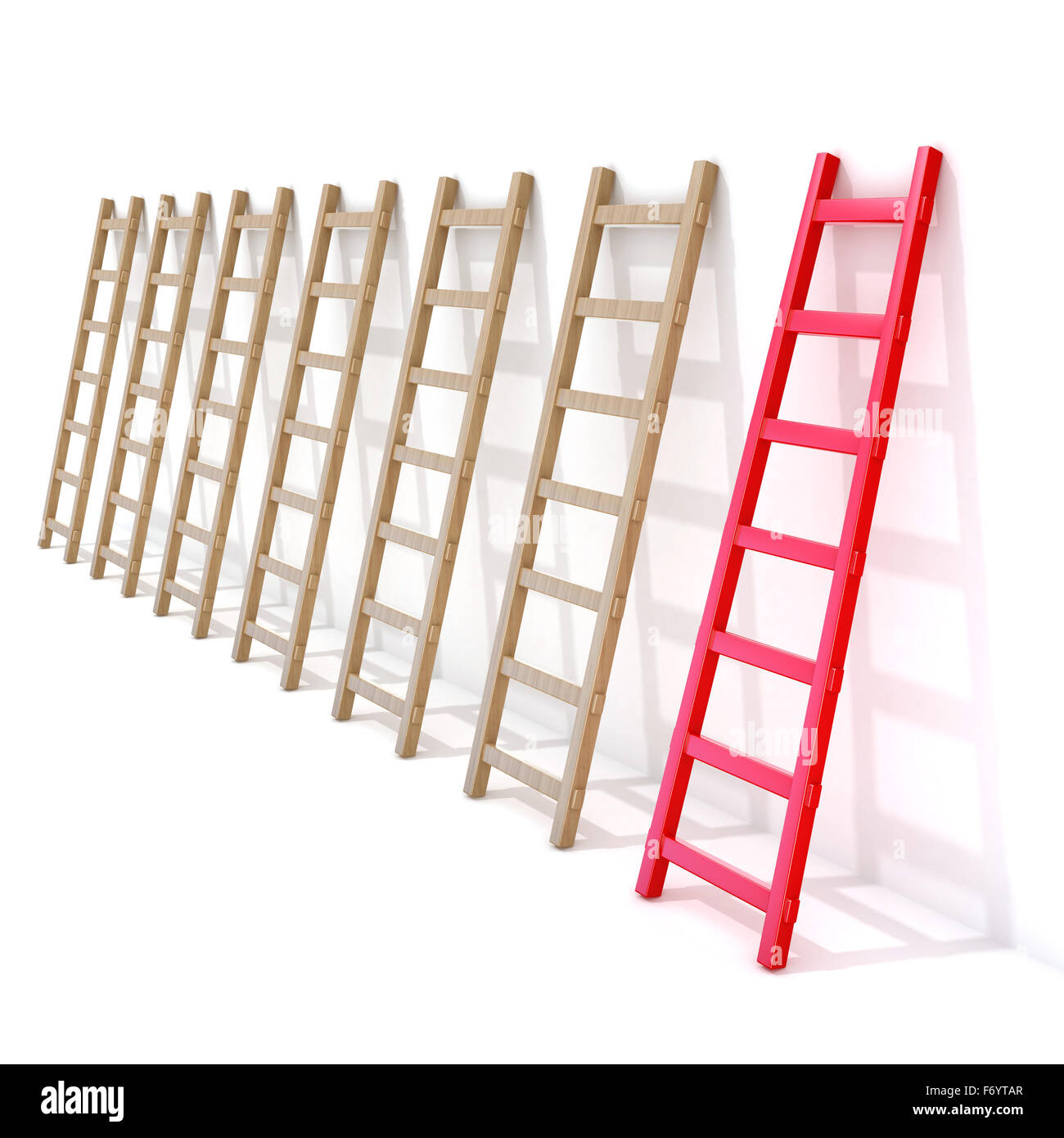 Seven wooden ladders leaning against a wall, one is red. 3D rendering ...