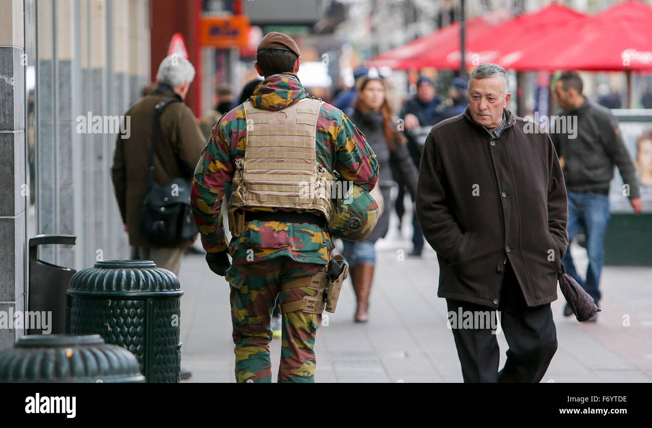 Brussels, Belgium. 22nd November, 2015. A Belgian soldier patrols in ...