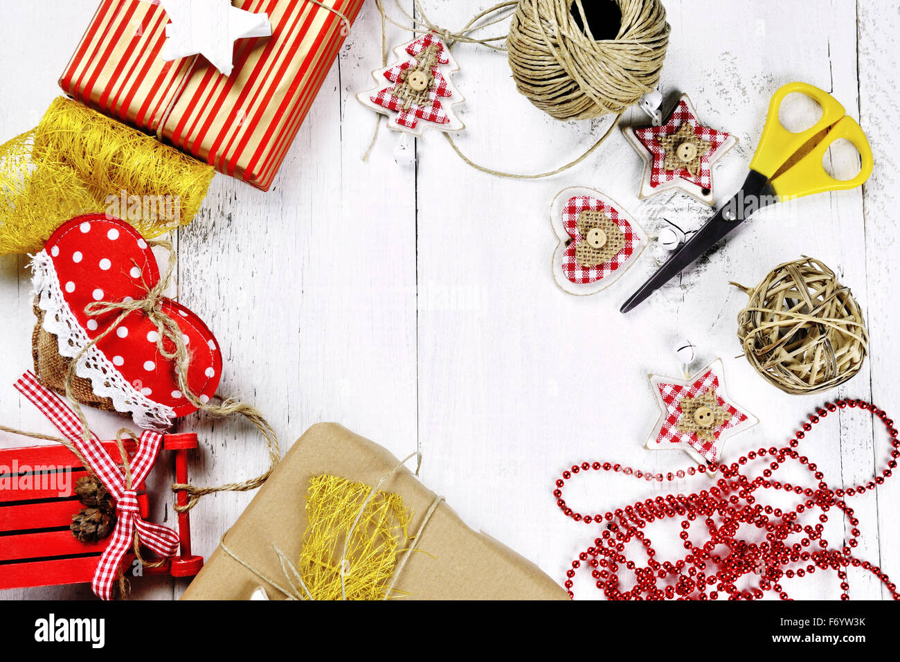 christmas background - gift box, string, scissors and decorations Stock ...