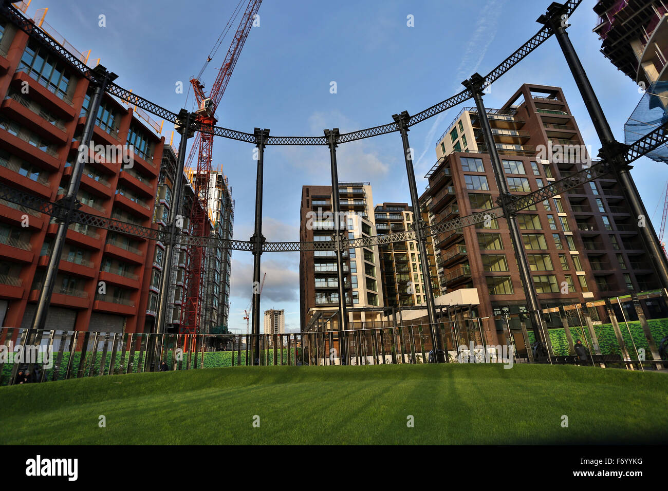 Victorian gas holder encloses new park in King's Cross, London Stock ...