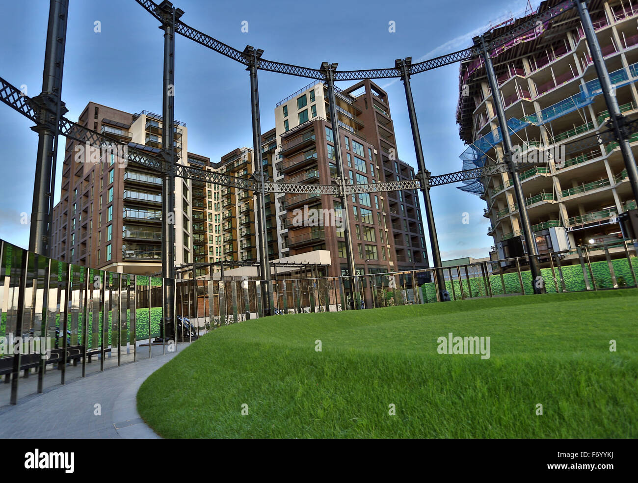 Victorian gas holder encloses new park in King's Cross, London Stock ...