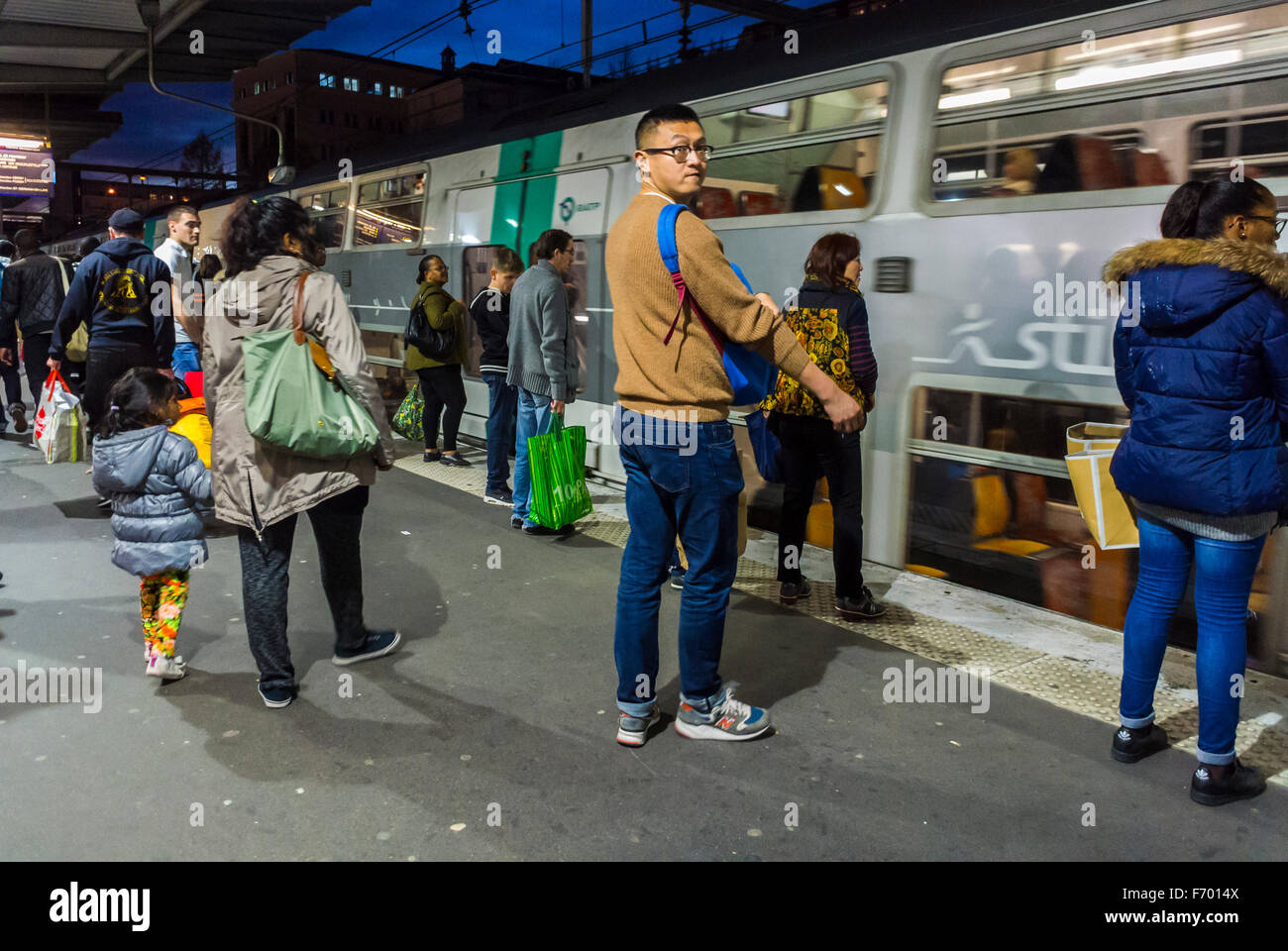 Chelles, France, Crowd, platform Chinese Tourist Man on Metro Subway ...
