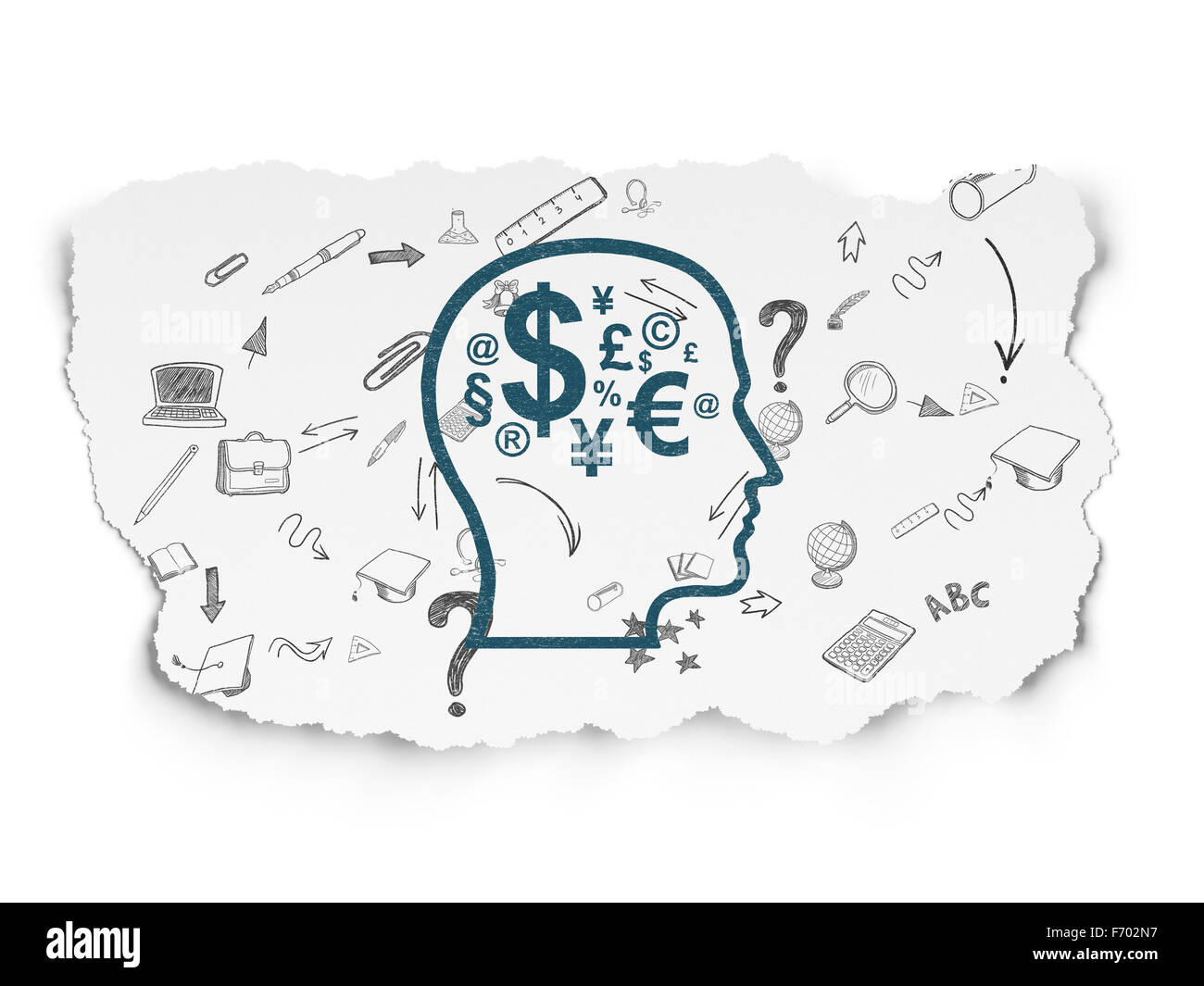 Learning concept: Head With Finance Symbol on Torn Paper background ...