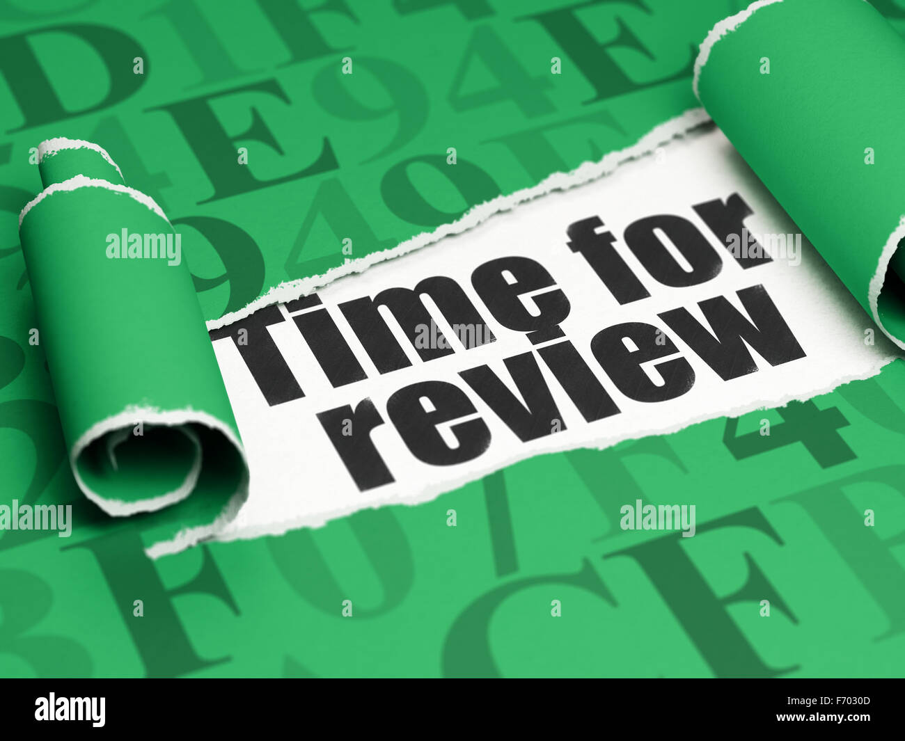 Timeline concept: black text Time for Review under the piece of torn ...