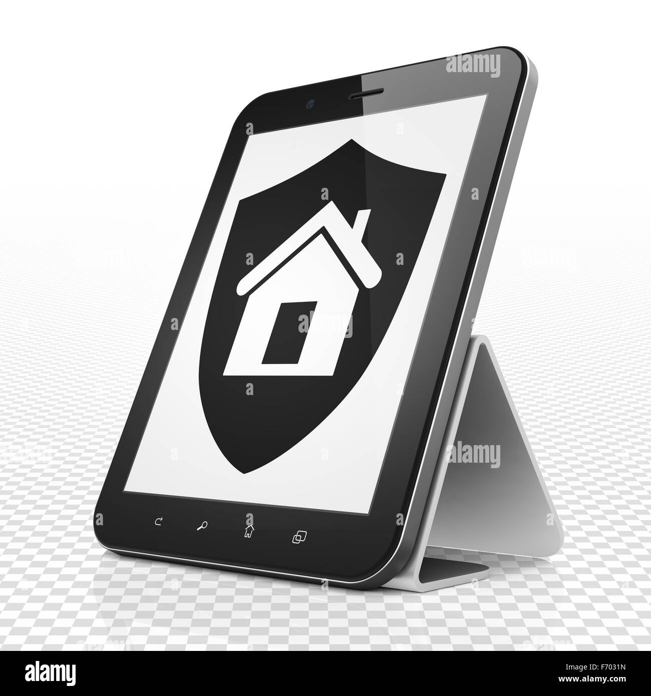 Finance concept: Tablet Computer with Shield on display Stock Photo - Alamy