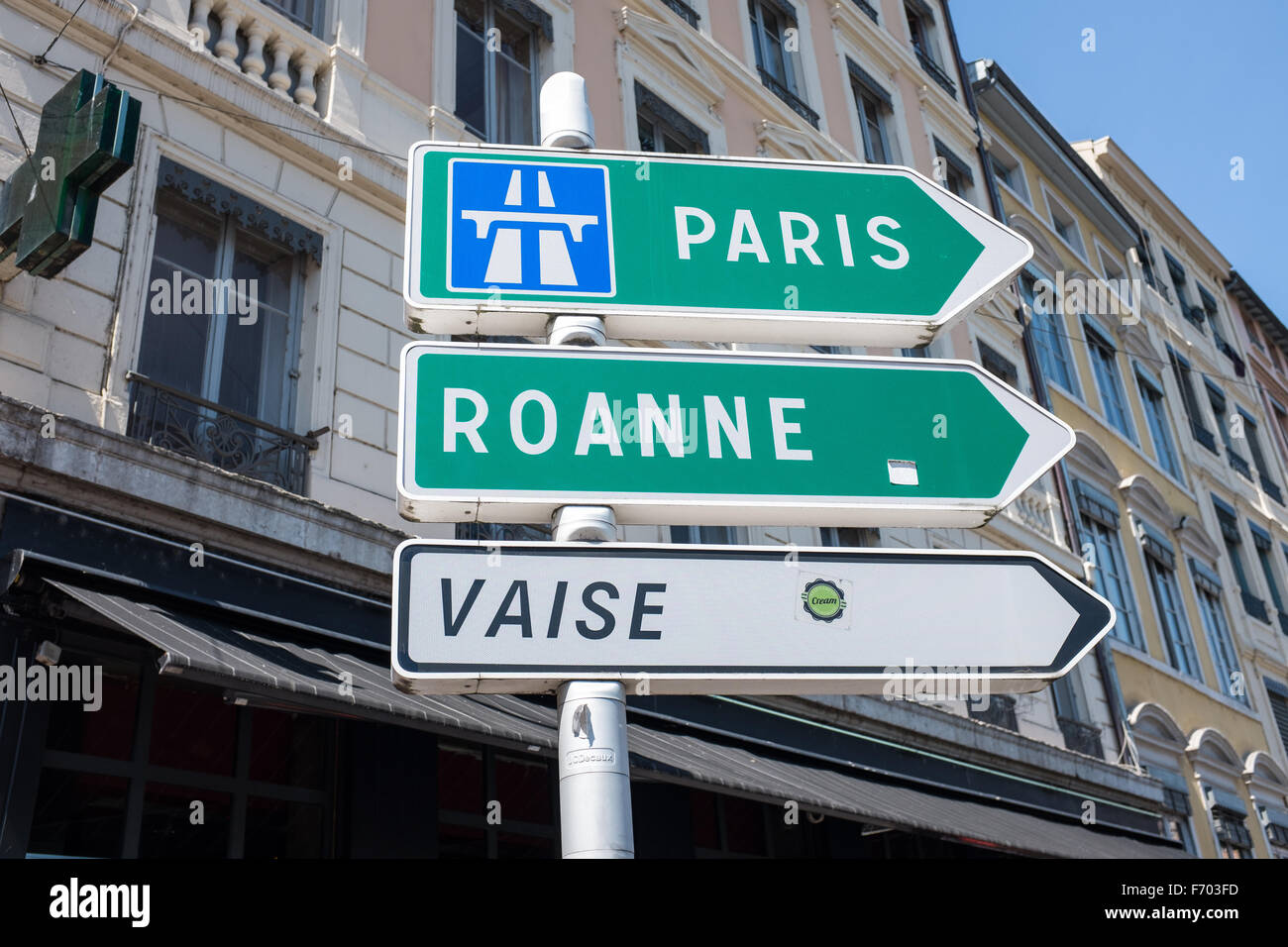 Signpost in centre of Lyon, France, showing Paris, Roanne and Vaise ...