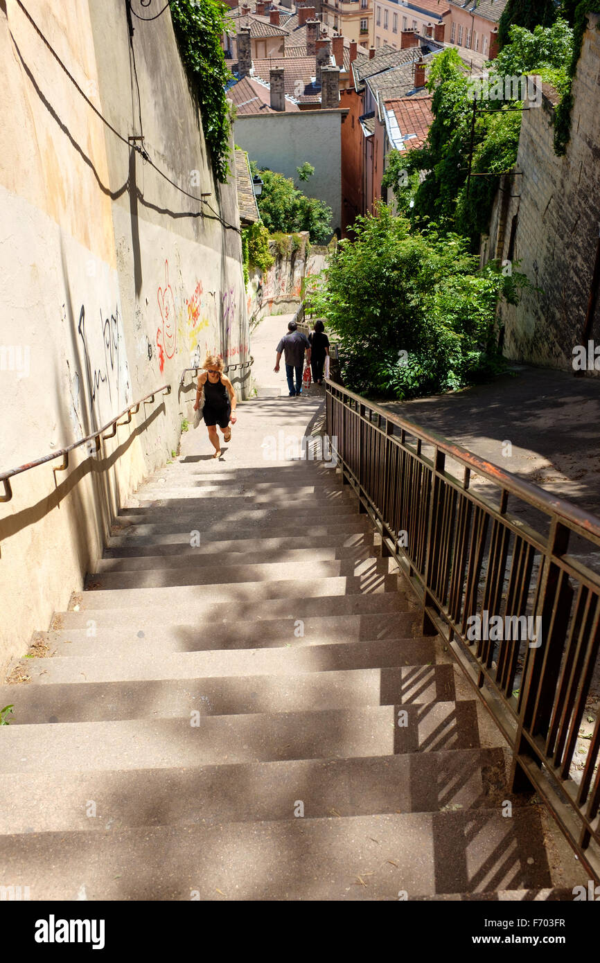 Stairs up the hill from Vieux Lyon to Basilique Notre Dame de Fourviere ...