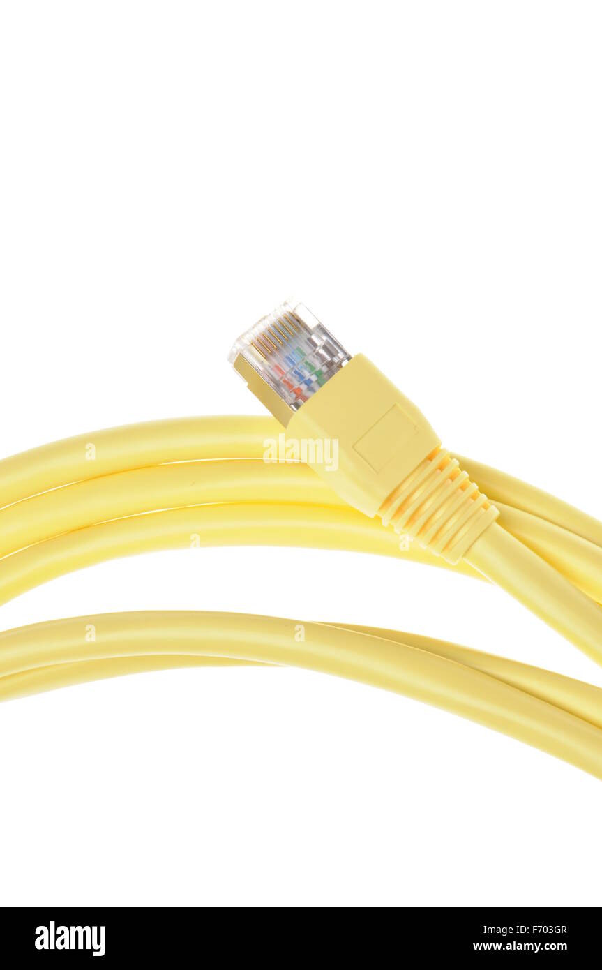 Yellow computer network cable plug isolated on white background Stock ...