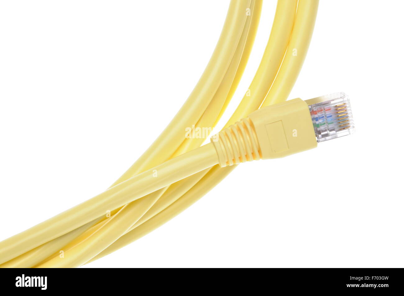 Yellow computer network cable plug isolated on white background Stock ...