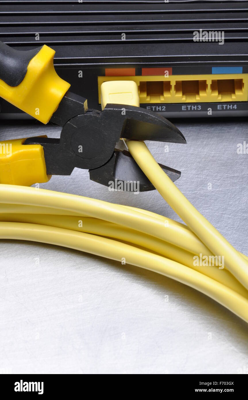 Cutting access to the Internet, cable to the router Stock Photo - Alamy