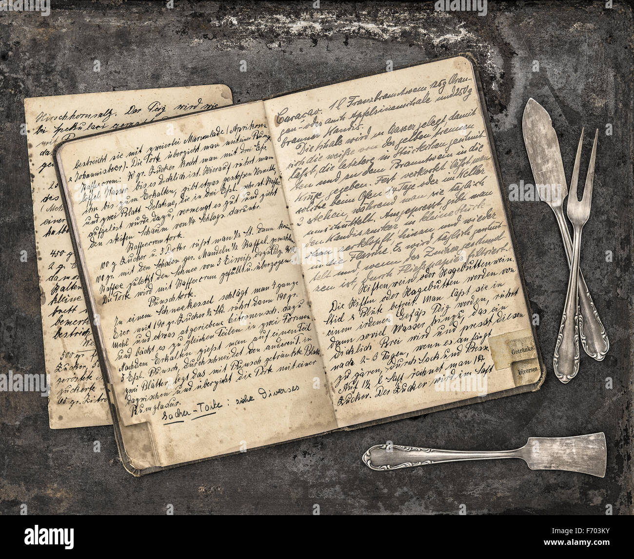 Vintage handwritten recipe book. Antique silverware on rustic metal ...