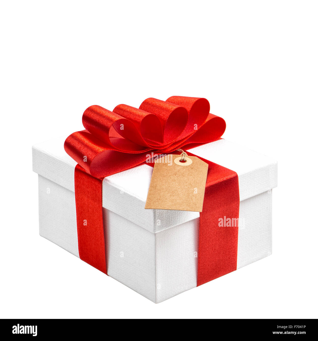 Gift box with red ribbon bow and tag isolated on white background ...