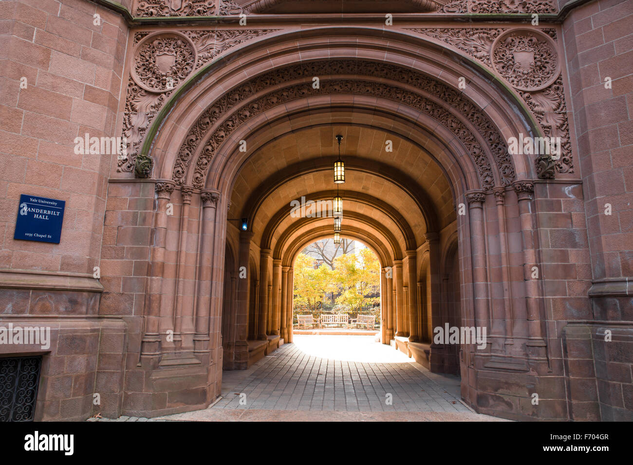 View of Yale University at the arched gate at Vanderbilt Hall on an ...