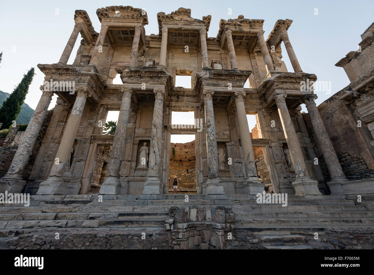 Façade of the library of Celsus, an ancient Roman building in Ephesus ...