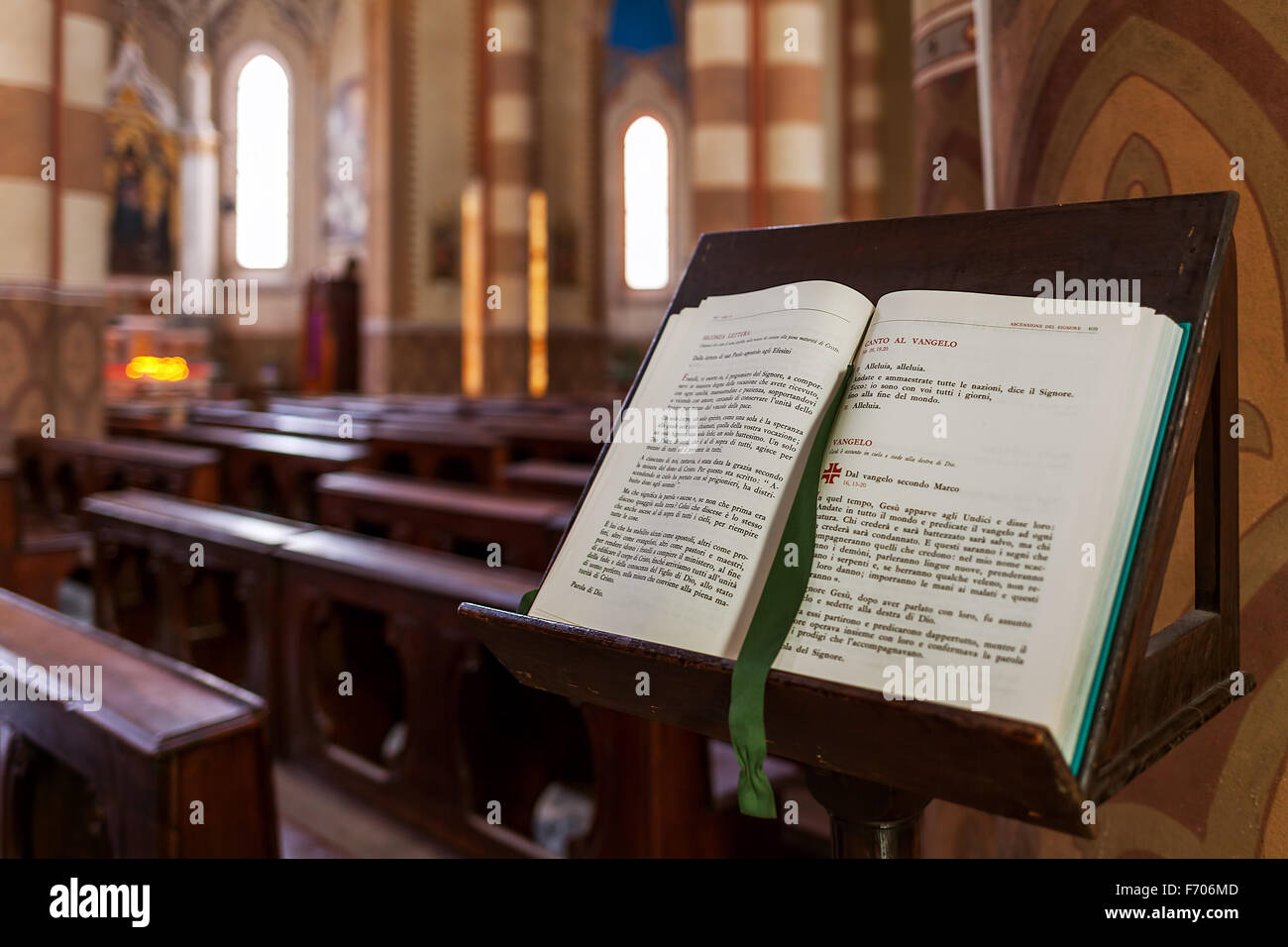 Open Bible on the stand inside San Lorenzo Cathedral (aka Duomo) in ...