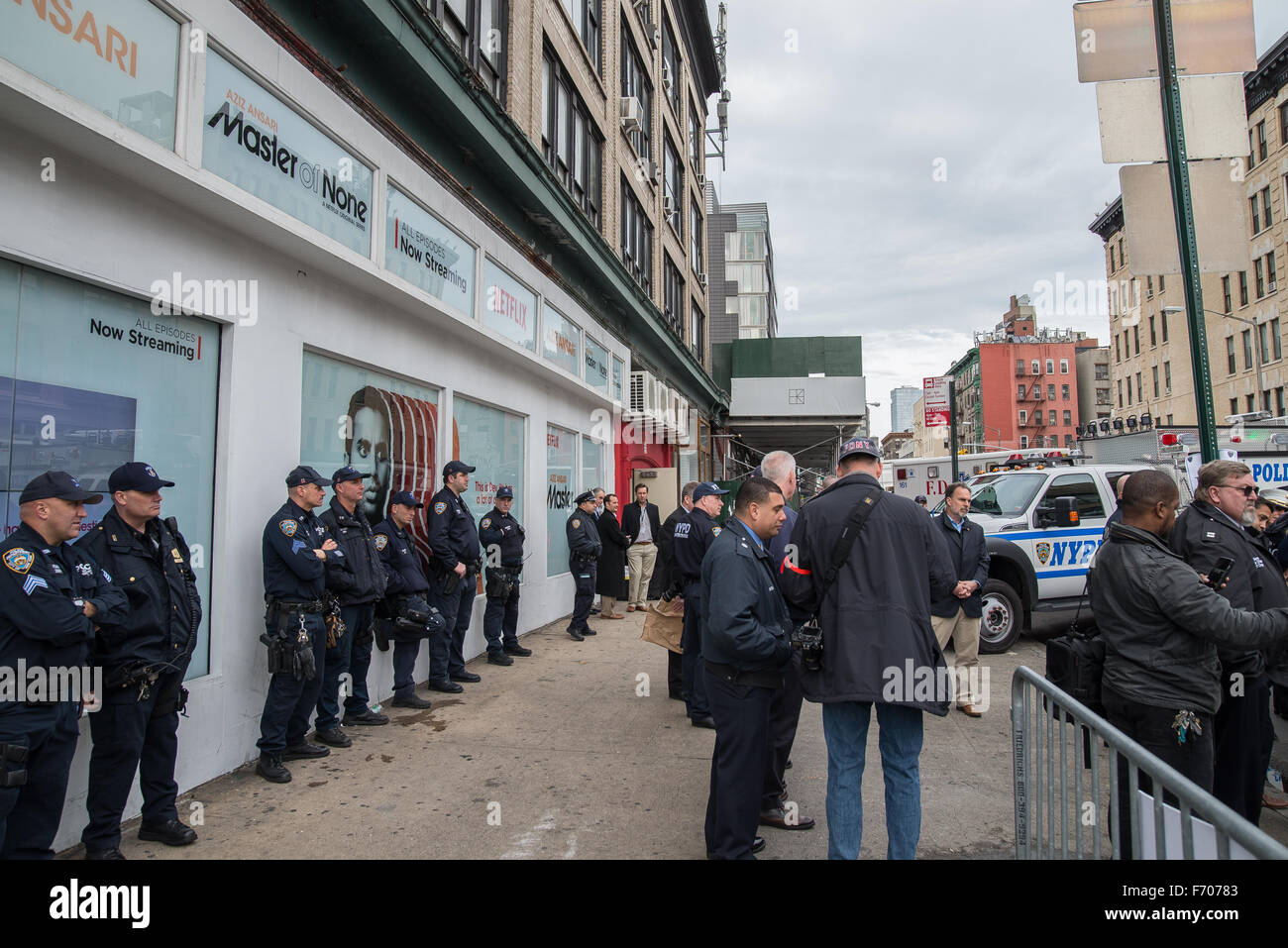 NYPD counter terrorism officers (left) stand along the outside of the ...