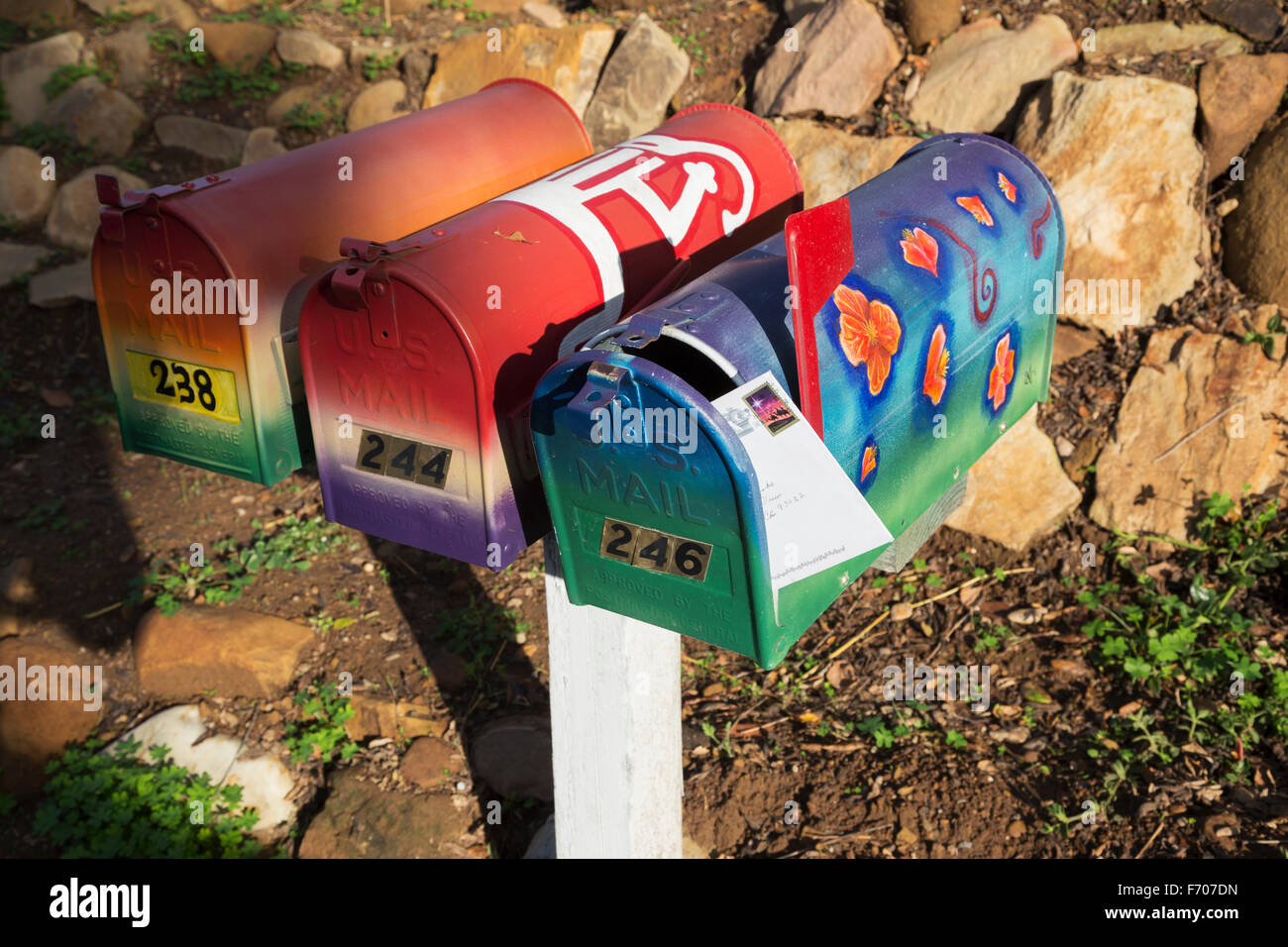Oak View, California, USA, December 15, 3 mailboxes with letter Stock ...
