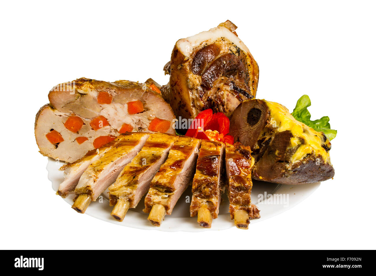 Pork and ribs of wild boar grill on the plate, isolated on white ...