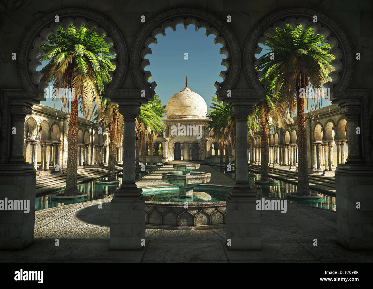 3D computer graphics of an oriental palace with garden and fountain ...