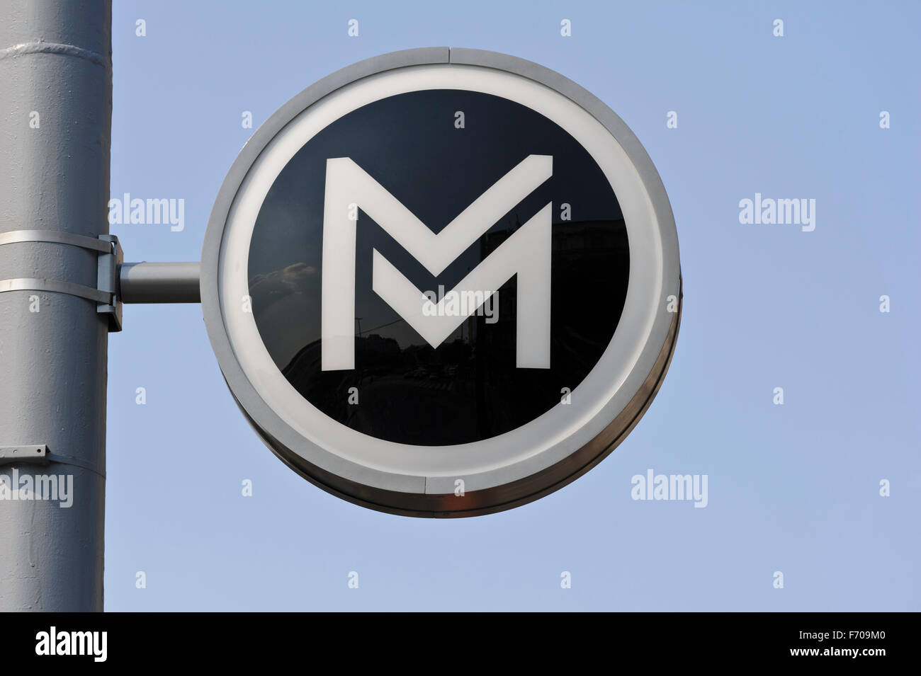 A sign with the letter 'M' outside the Metro train station in Budapest ...
