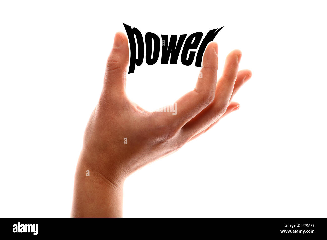 Color horizontal shot of a of a hand squeezing the word "power Stock ...