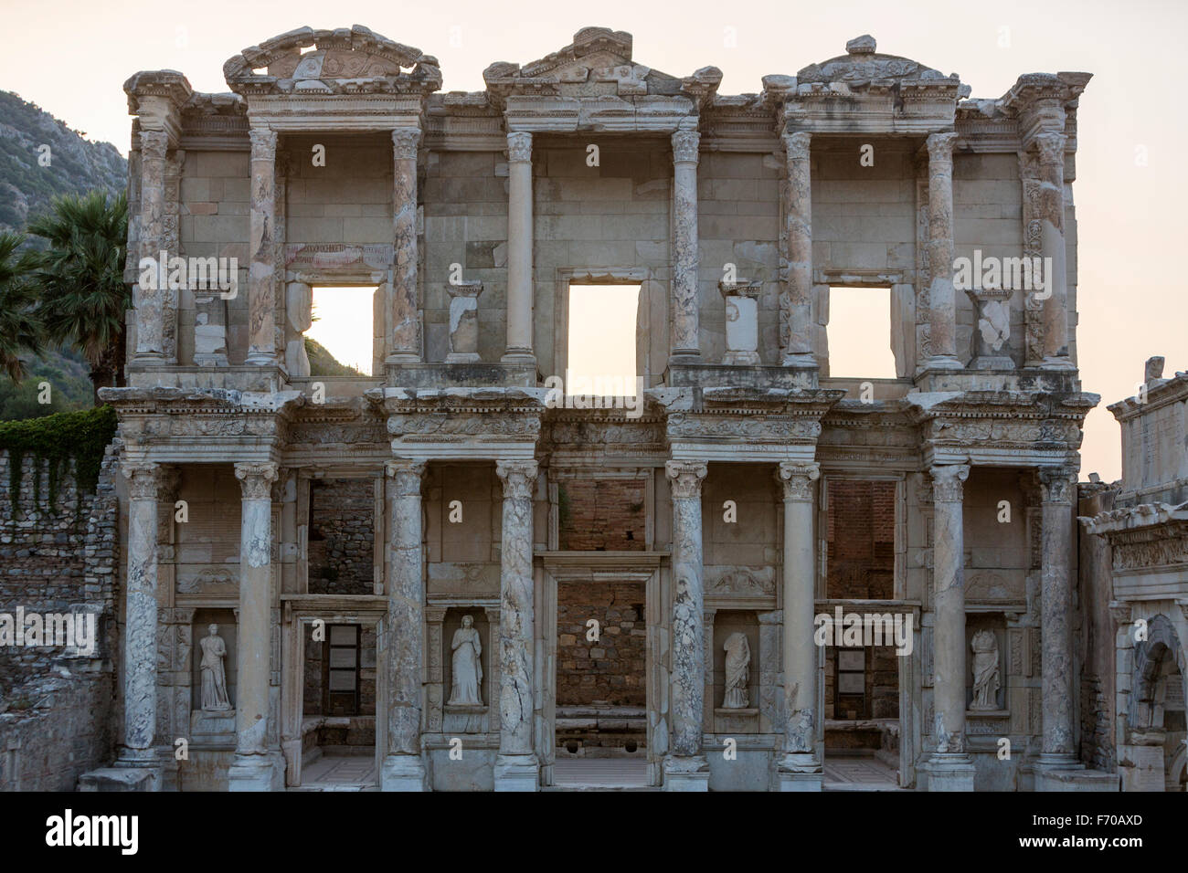 Façade of the library of Celsus, an ancient Roman building in Ephesus ...