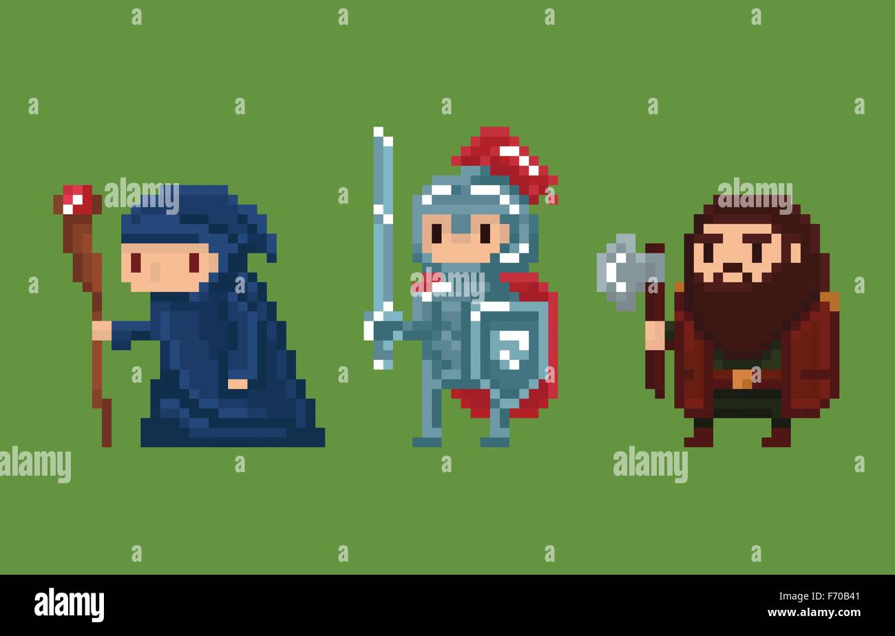 Pixel art style illustration wizard, knight and dwarf Stock Vector ...