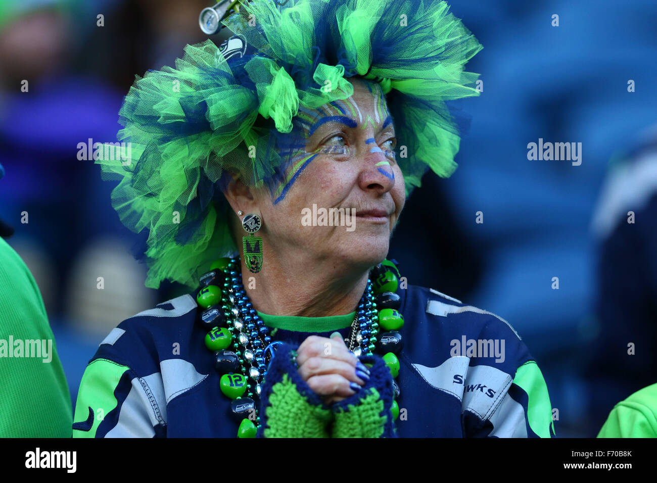 Seattle, USA. November 22, 2015. A Seattle Seahawks fan looks up at the ...