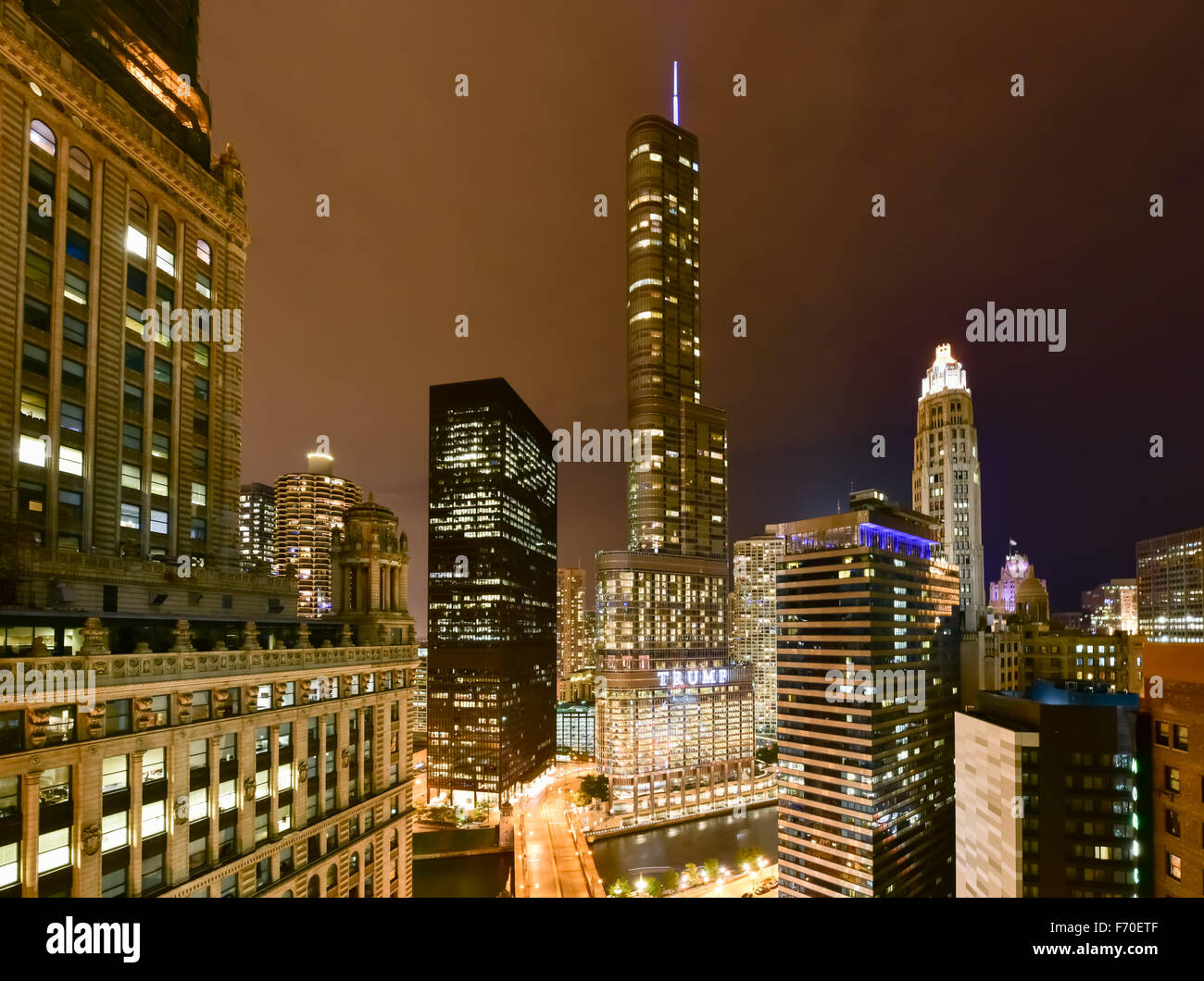 Aerial cityscape illuminated chicago skyscrapers hi-res stock ...