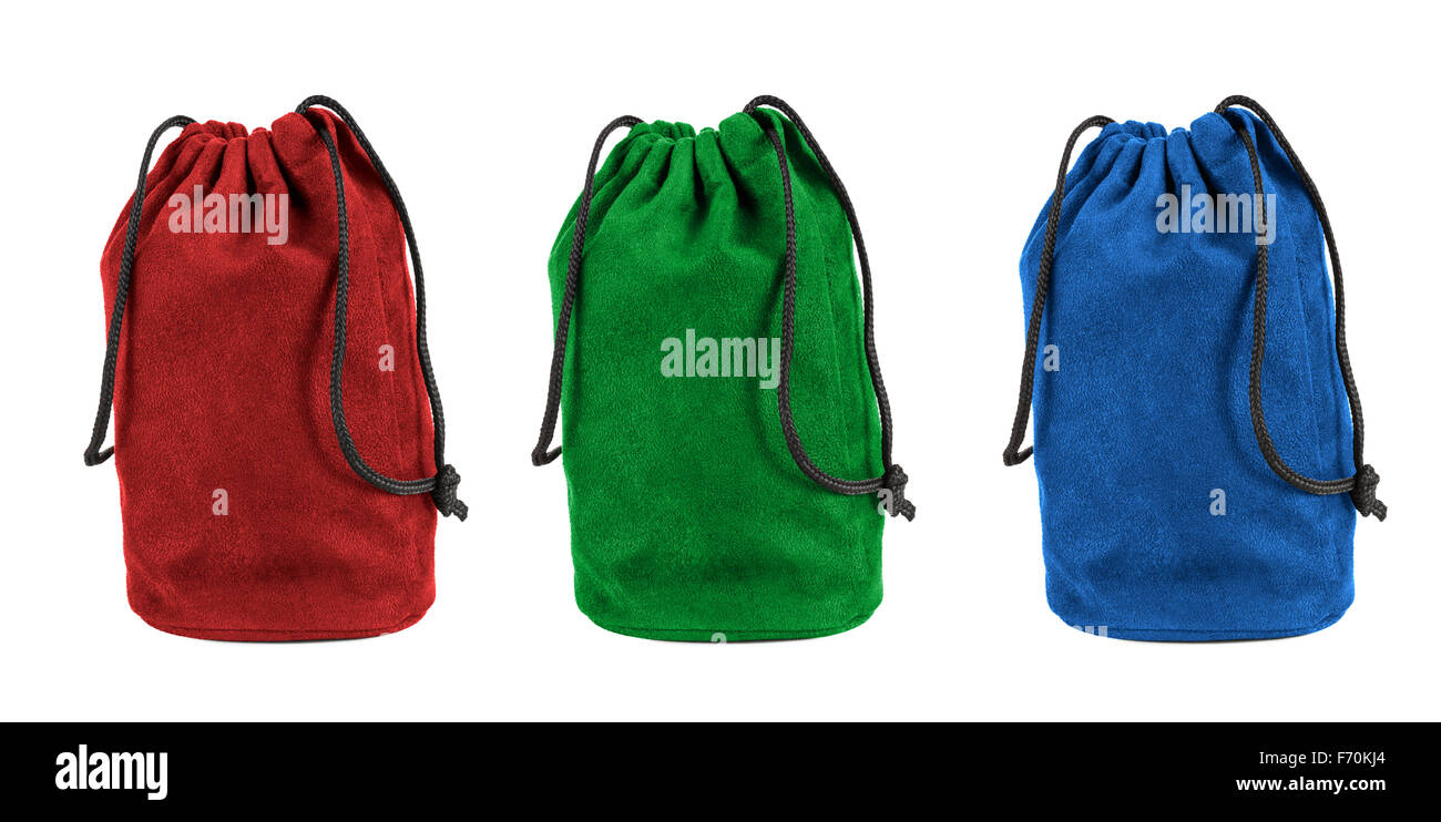 Set of colorful textile sacks isolated on white background with ...