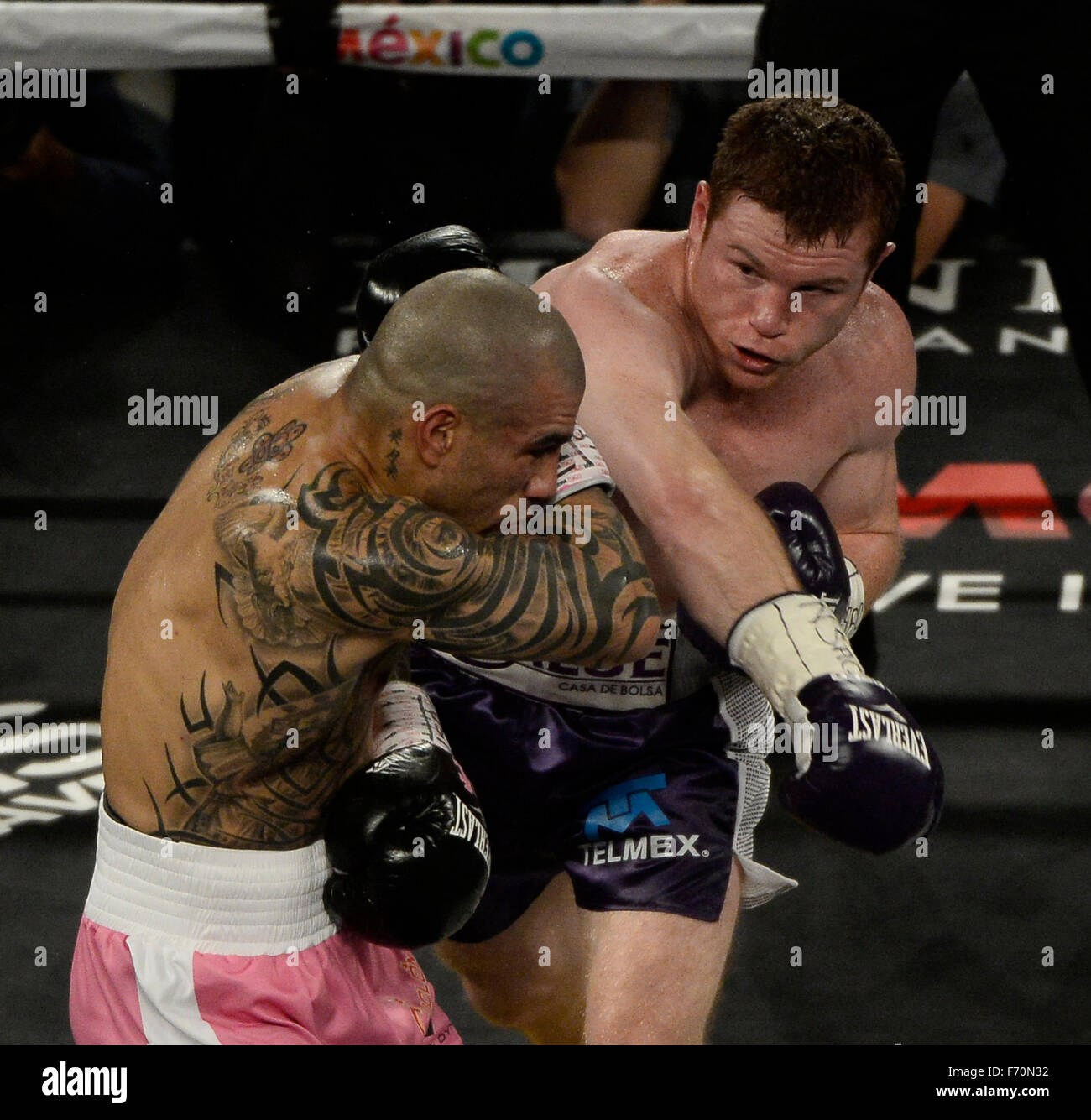 Usa. 21st Nov, 2015. (in Blue/Gray) Mexico's Canelo Alvarez goes 12 ...
