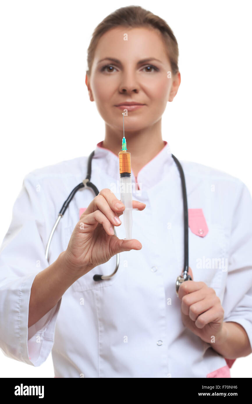 Young doctor woman with syringe isolated on white Stock Photo - Alamy