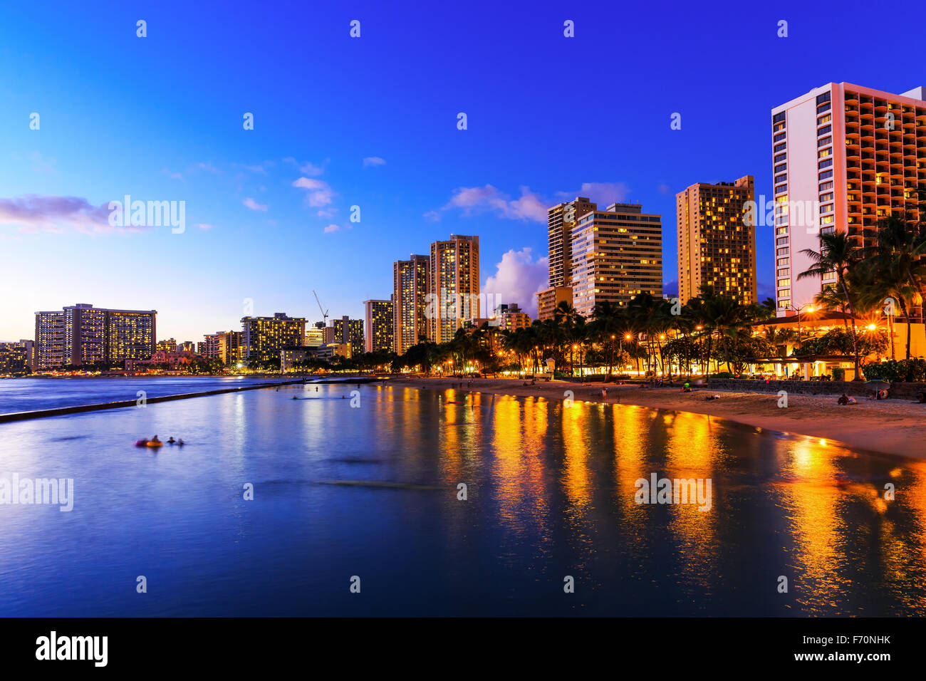 View of Honolulu and Waikiki Beach at night; Hawaii, USA Stock Photo ...