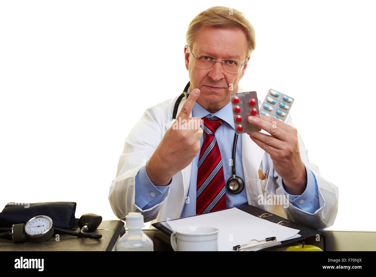 Doctor warning with his index finger of negative side effects Stock ...