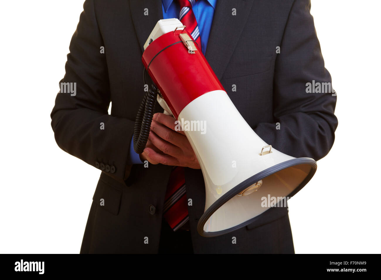 Senior businessman holding a big megaphone in his hand Stock Photo - Alamy