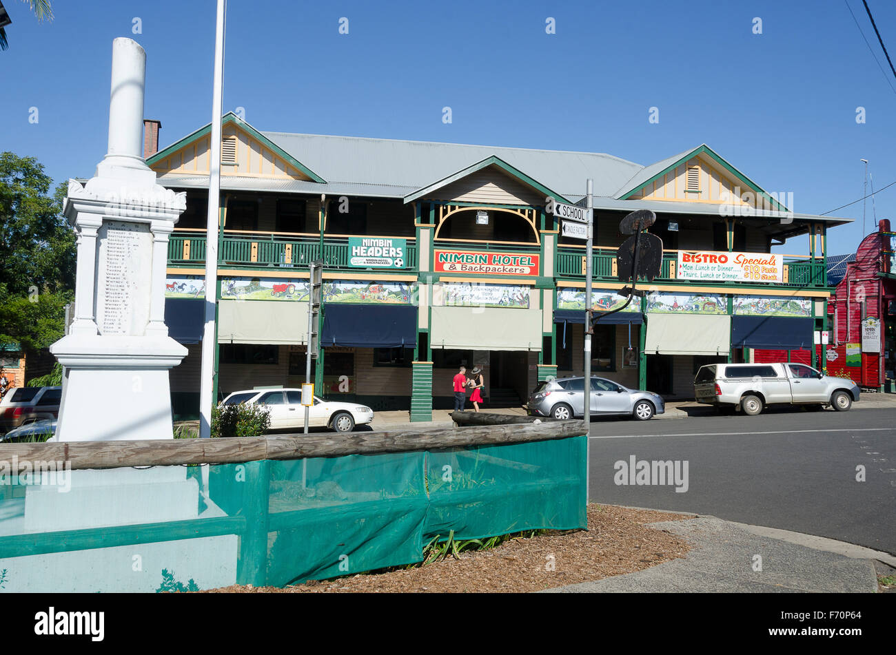 Hotel and war memorial in main street, Nimbin, Northern New South Wales ...