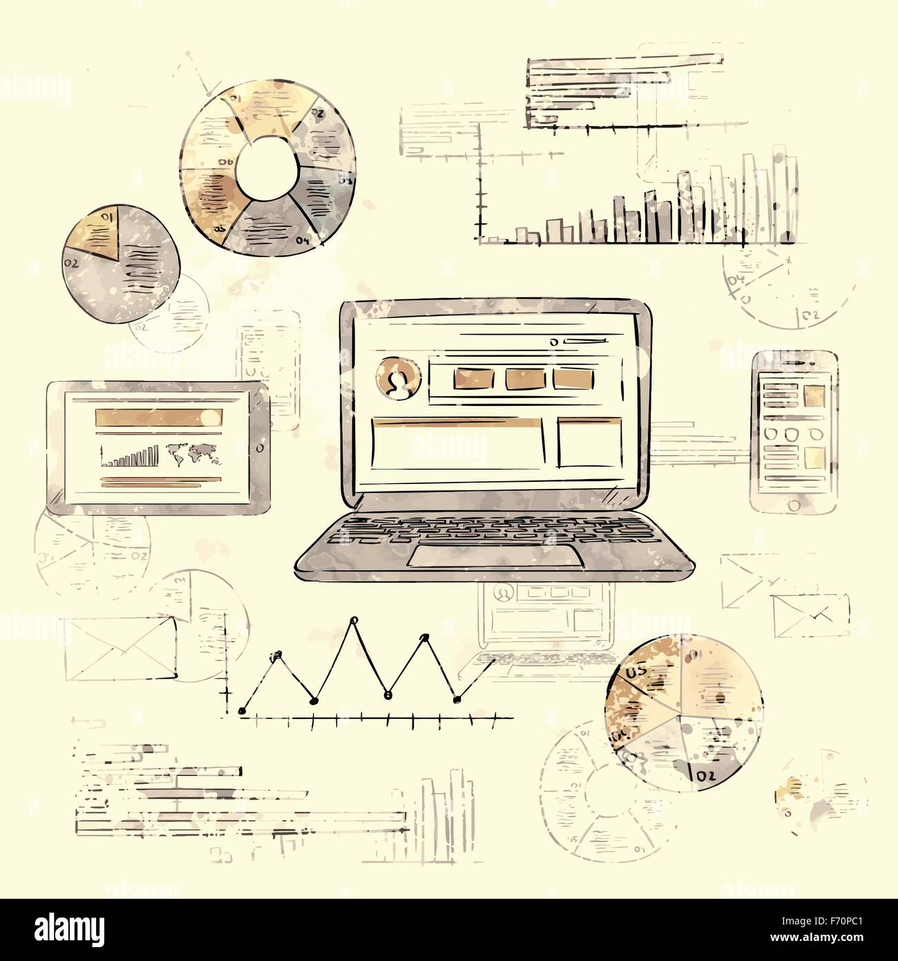 Sketch Laptop Smart Phone Tablet Finance Chart Old Retro Diagram Grunge ...