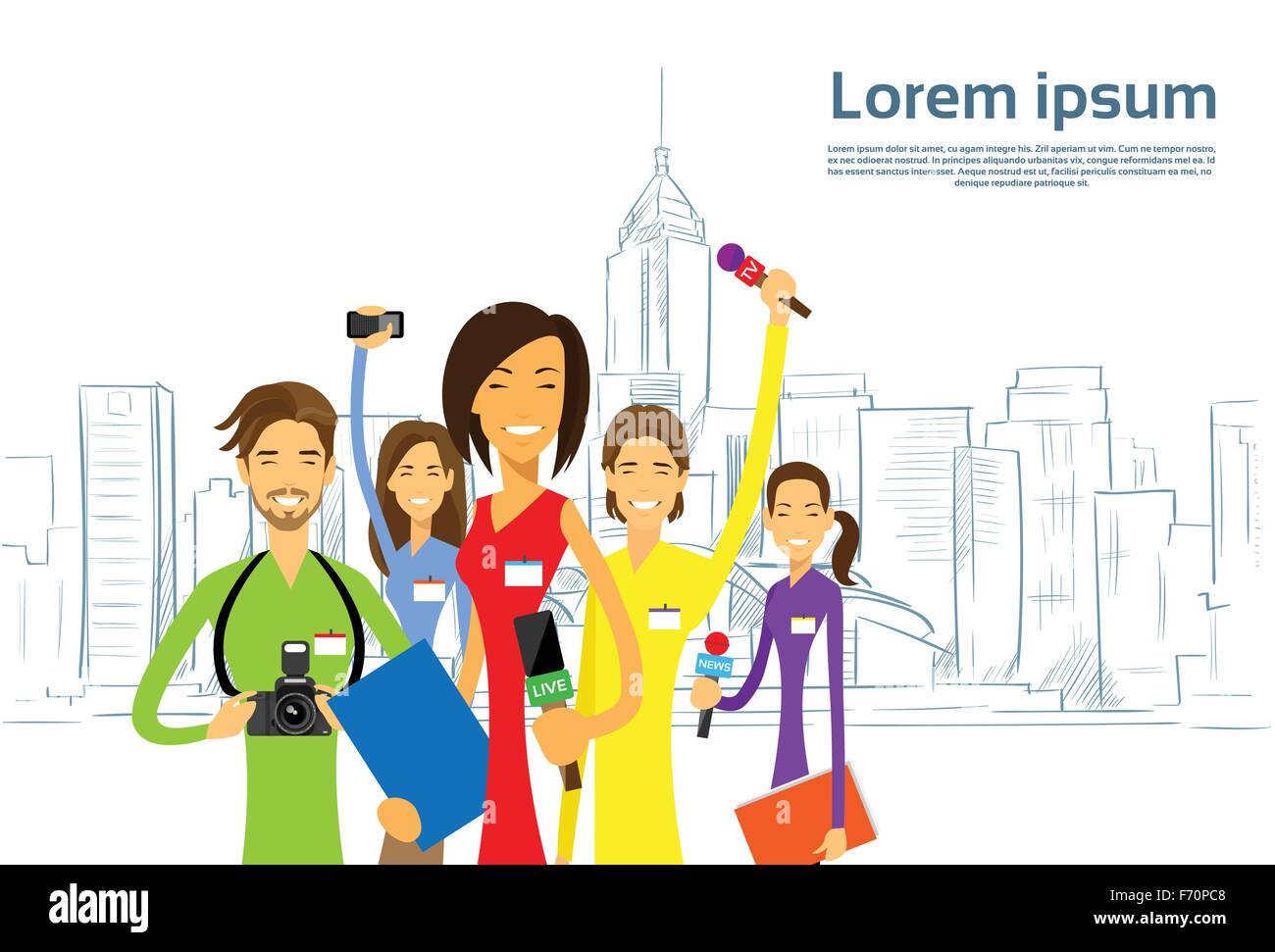 Journalists Crew, Woman Reporter with Team Live News People Group with ...