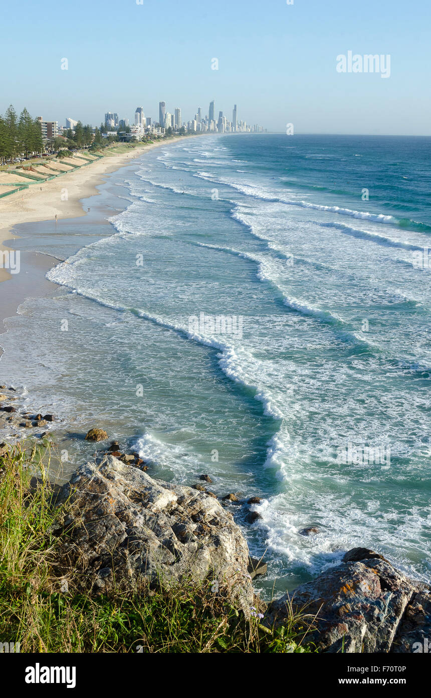 View along beach from Miami to tower blocks at Surfers Paradise, Gold ...