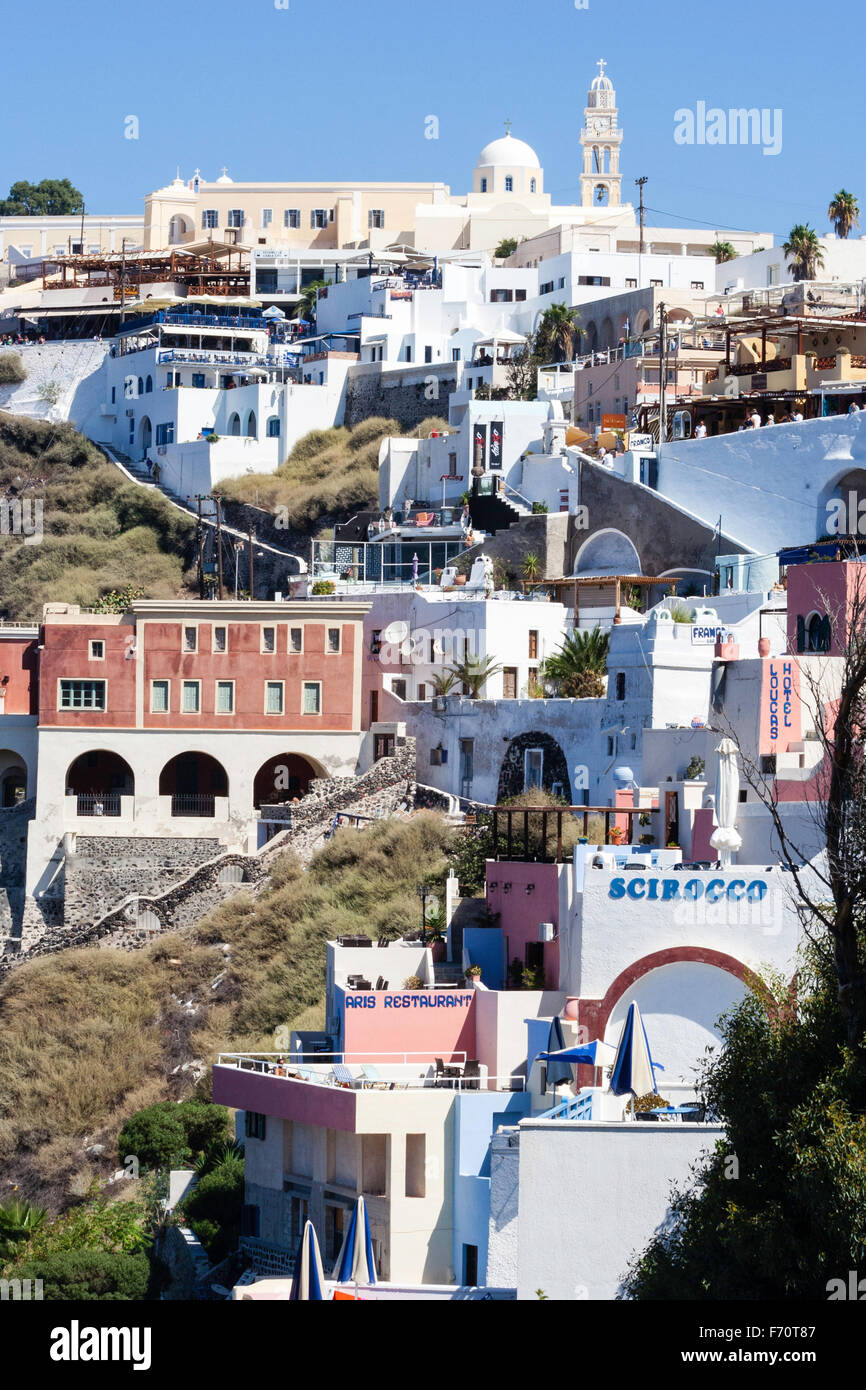 Santorini, Fira. View along with settlement built on clifftop terraces ...