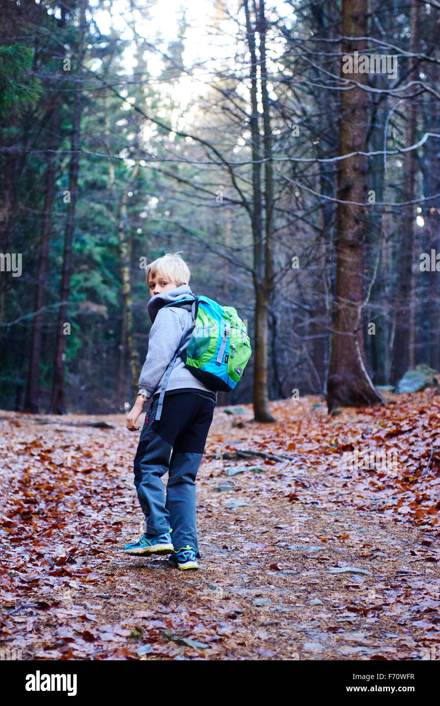 Full length portrait of a boy walking outdoor in a forest - wandering ...
