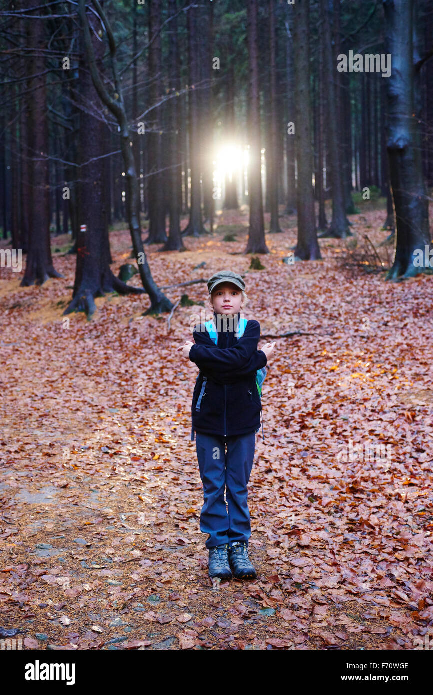 Full length portrait of a boy walking outdoor in a forest - wandering ...