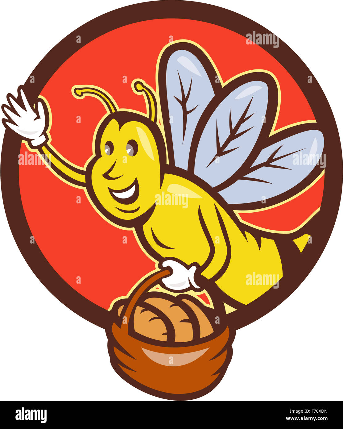 Cartoon style illustration of a bee flying waving carrying basket with ...
