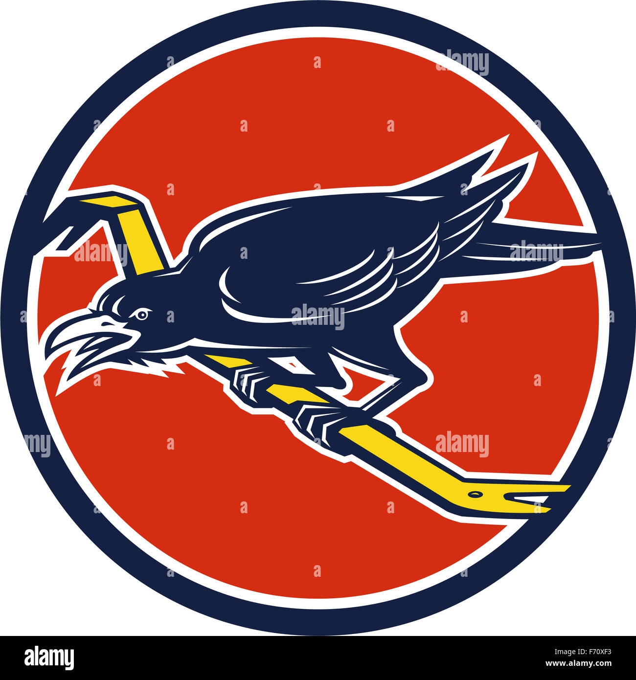 Illustration of a crow bird perched on a crowbar viewed from the side ...