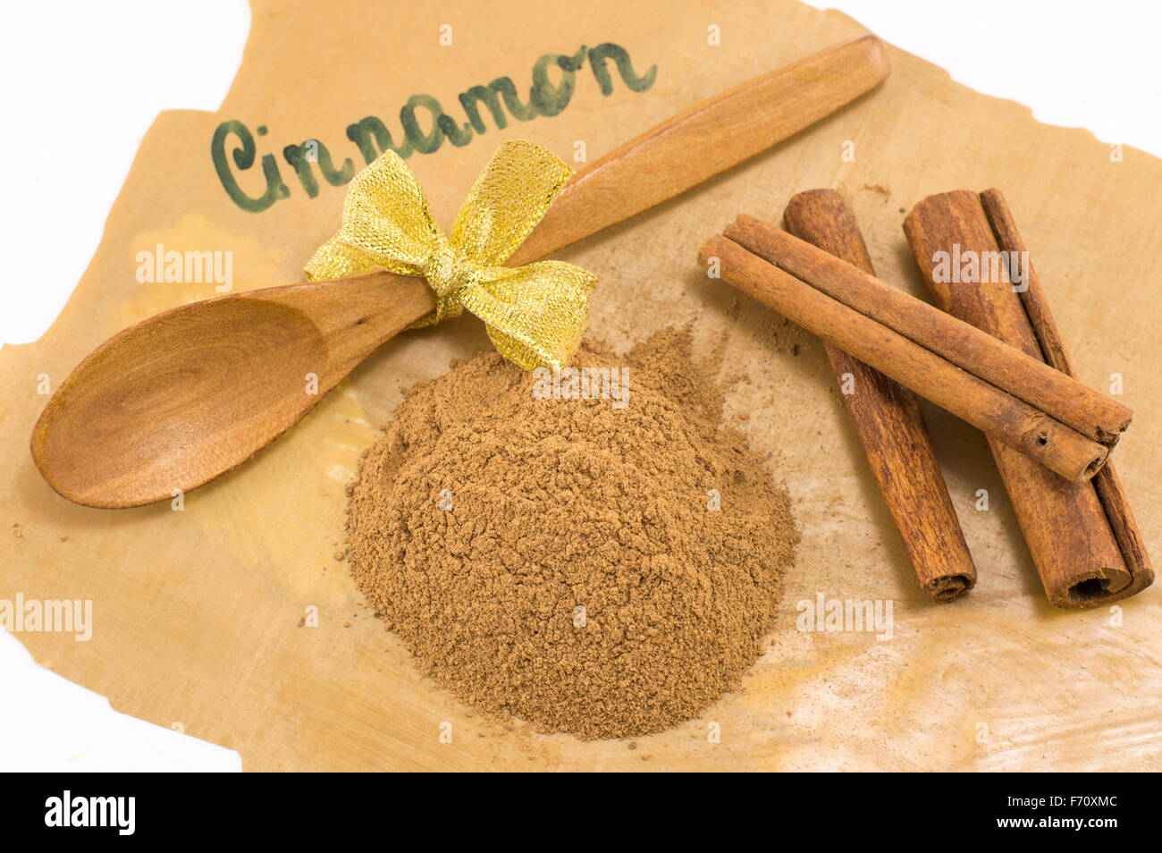 Various shapes of cinnamon on cooking paper against white background ...