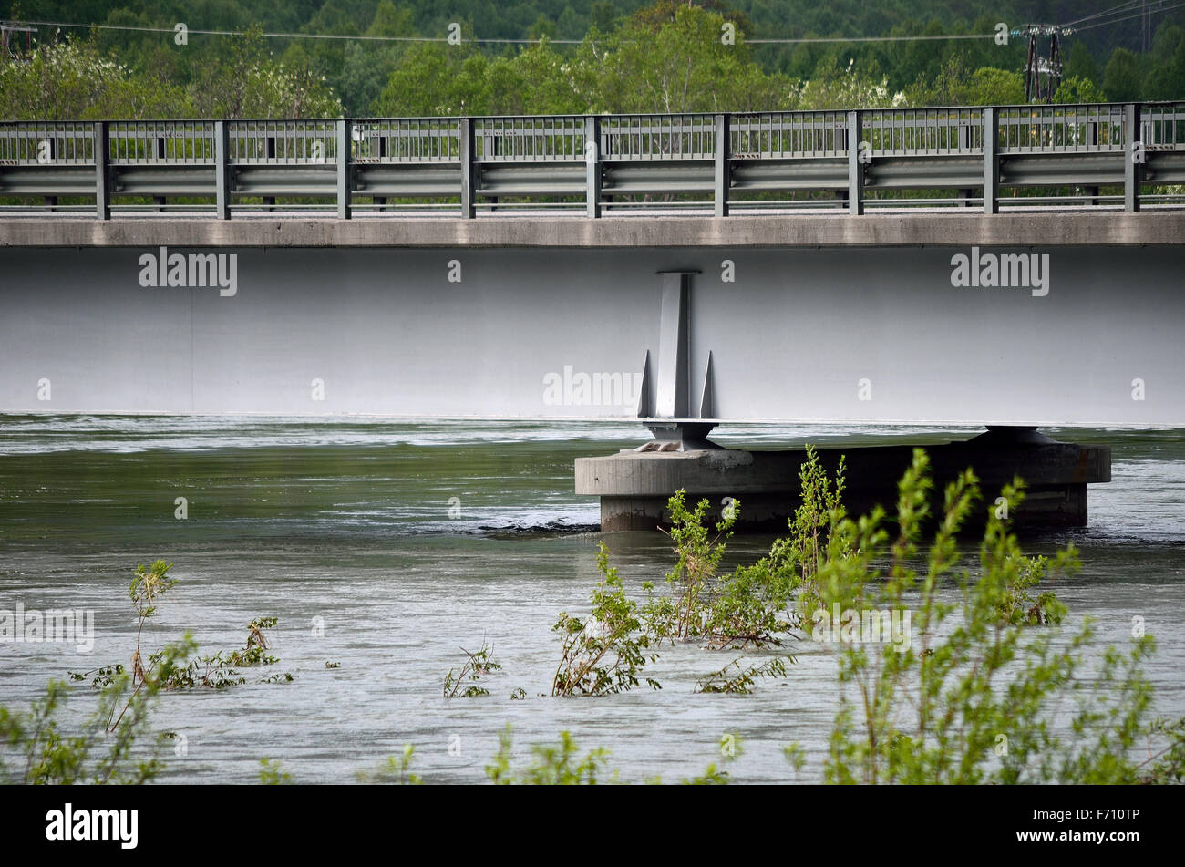flooded river with bridge danger high flood level Stock Photo - Alamy
