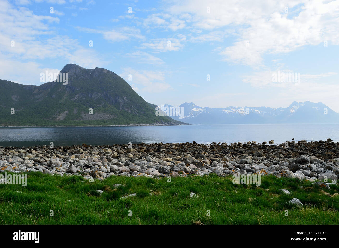 majestic mountain range with blue fjord and green sea shore pasture ...